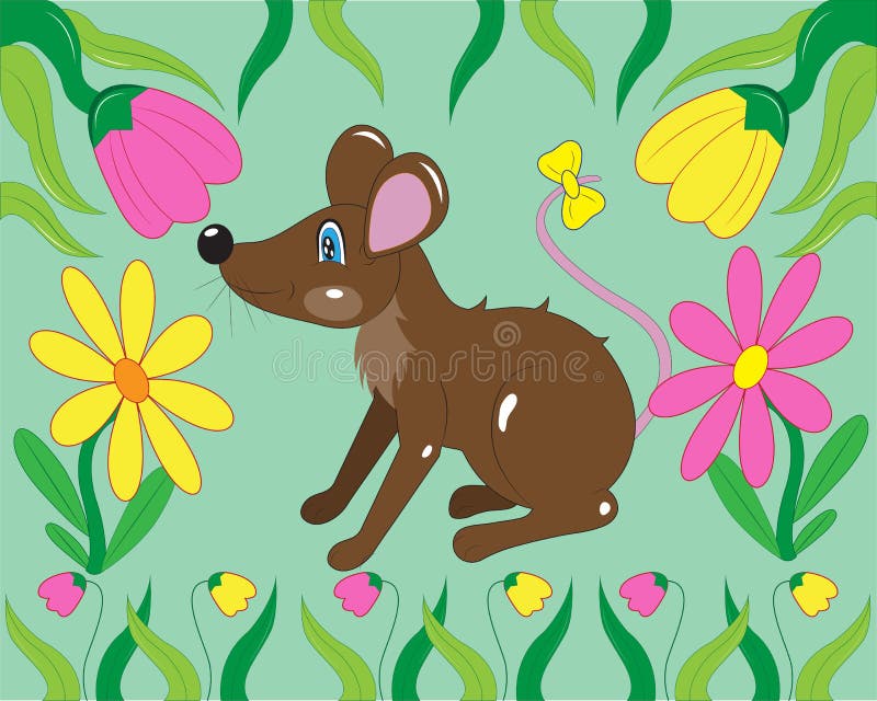 Little Mouse In A Grass With Flowers Stock Vector - Illustration of ...