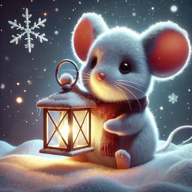 Little Mouse with Lantern Exploring Forest in Winter Stock Illustration ...