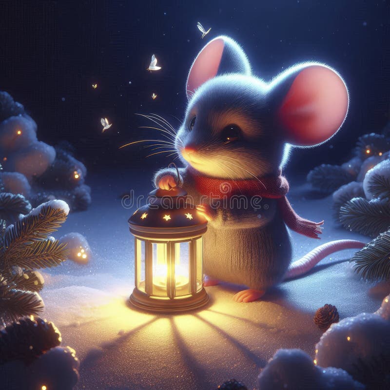 Little Mouse with Lantern Exploring Forest in Winter Stock Illustration ...