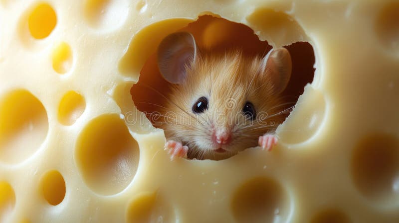 A Little Mouse Peeks Out of a Hole in the Cheese Stock Illustration ...