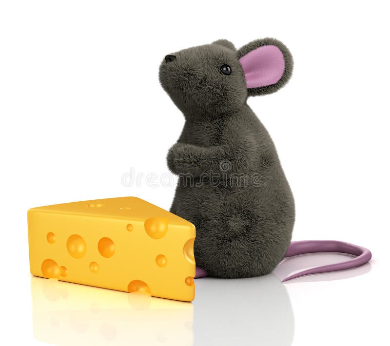 Little Mouse with Piece of Cheese. 3D Illustration Stock Illustration ...