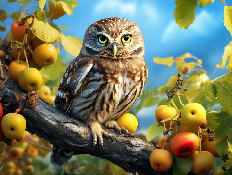 Little Owl in an Apple Tree Stock Illustration - Illustration of ...