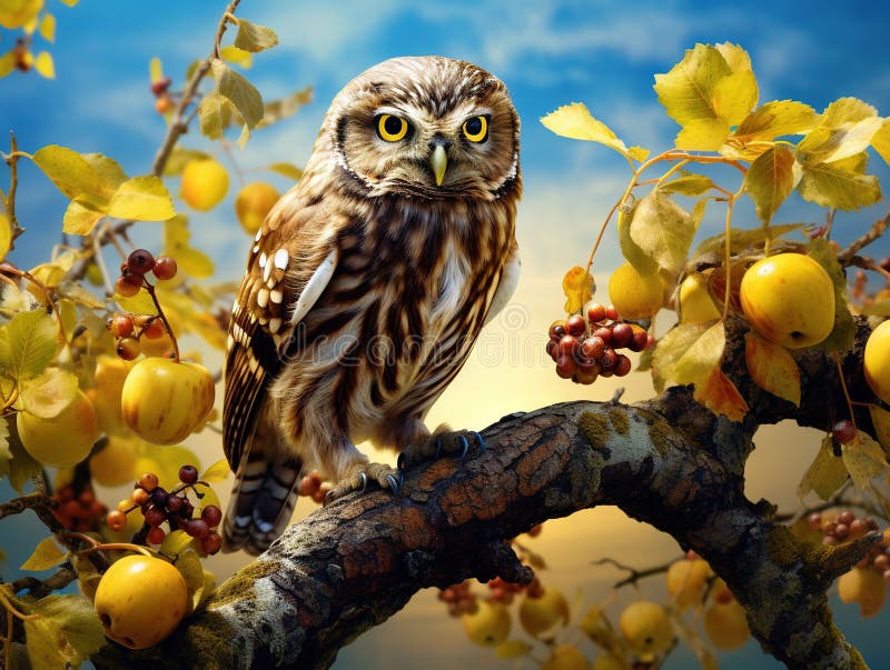 Little Owl in an Apple Tree Stock Illustration - Illustration of colors ...