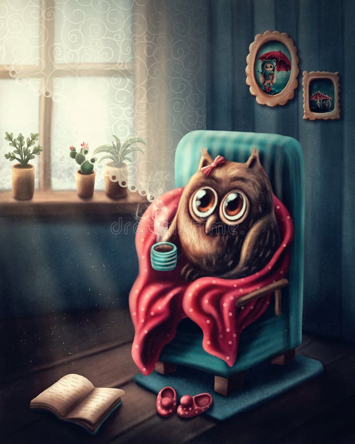 Little owl drinking coffee stock illustration. Illustration of dream ...