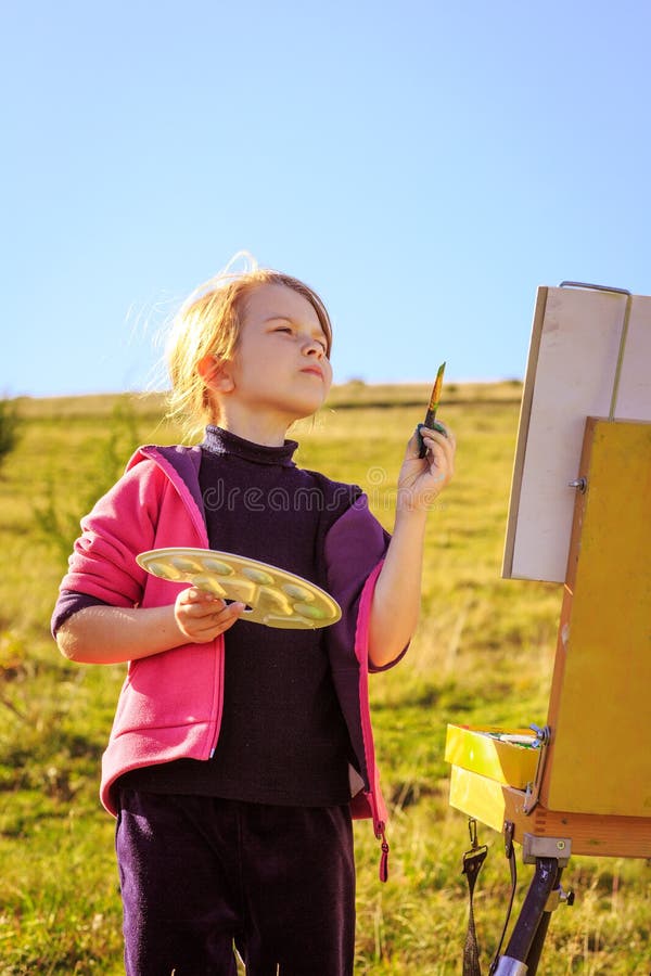 Little Painter at Work Near Waterfall Stock Photo - Image of brush ...