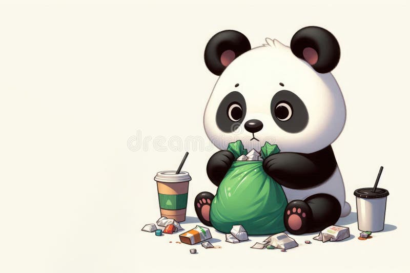A Little Panda Picking Up Trash. Space for Text. Stock Illustration ...