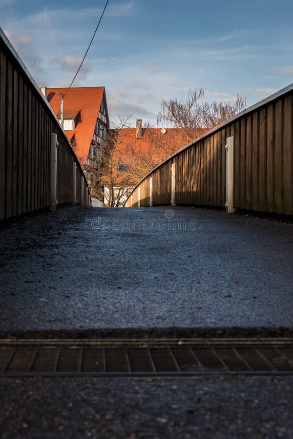Little Pedestrian Bridge Across the River with Blue Sky Stock Image ...