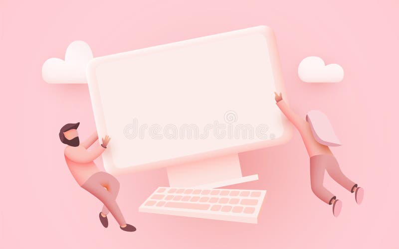 Little People Fly Around the Computer. Workplace Concept. Design for Co ...