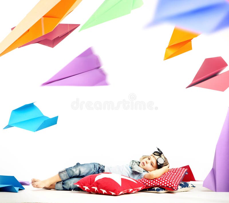 Little Pilot Observing Plenty of Paper Planes Stock Photo - Image of ...
