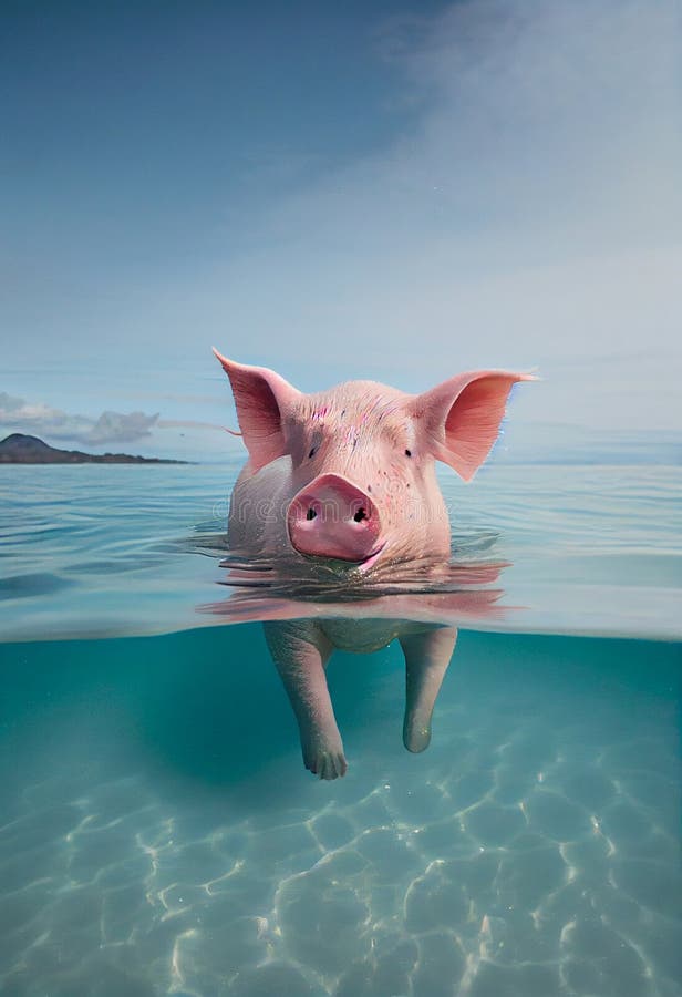 Little Pink Pig Swims in the Sea. AI Generated Stock Illustration ...
