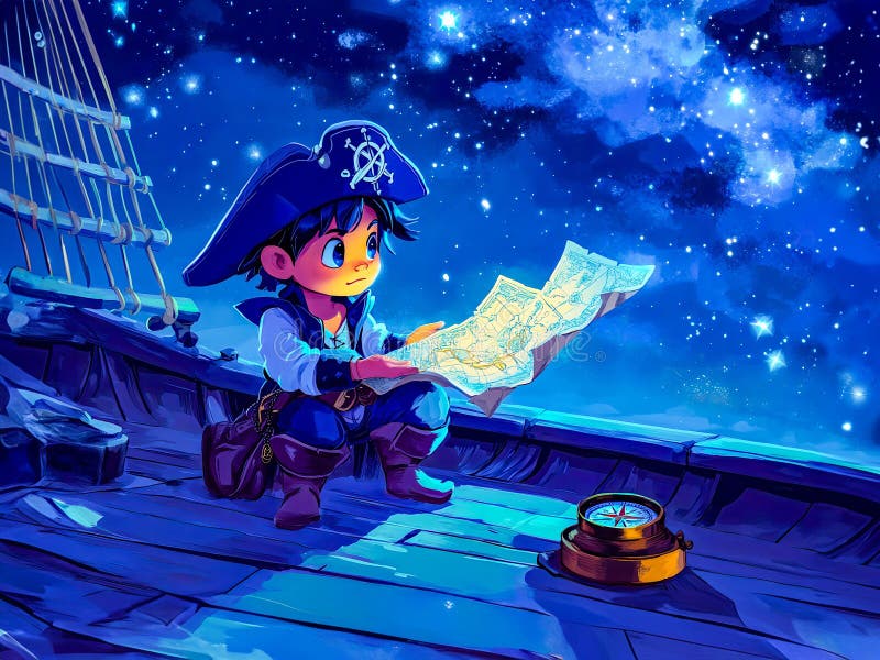 Little Pirate Navigating by Stars and Compass with Treasure Map at ...