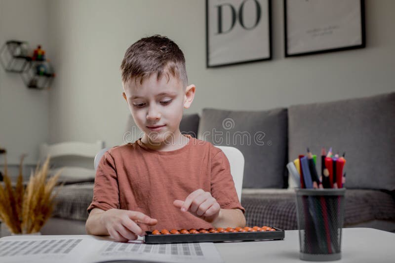 Little Preschooler Counting Large Numbers on His Fingers Using Mental ...