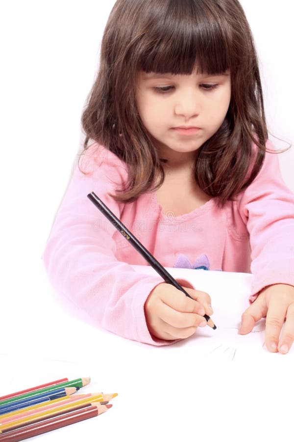 Little Preschooler Drawing or Writing Stock Photo - Image of brunette ...