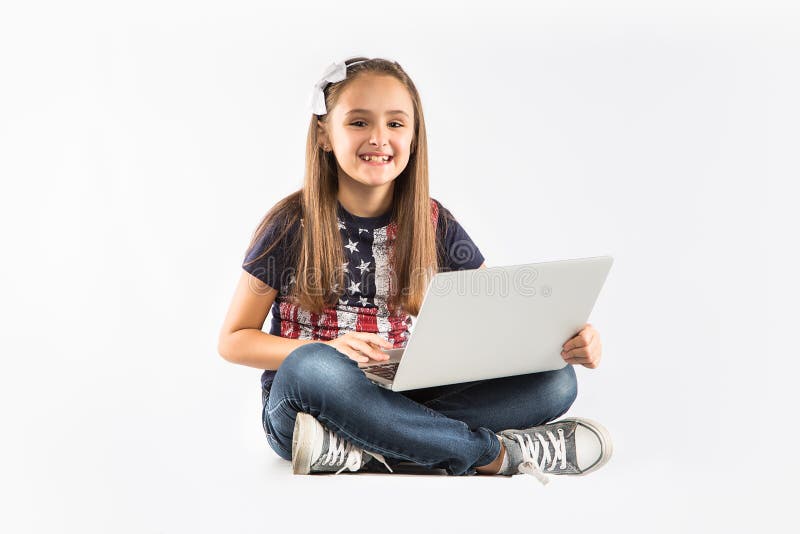 Little Pretty Girl Studying with Computer. Isolated on White Background ...