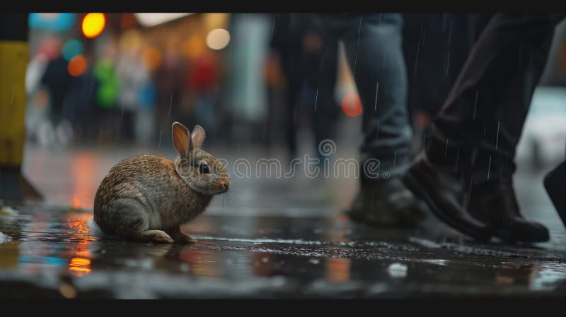 Little Rabbit Sit in the Rain Alone Stock Photo - Image of cute ...