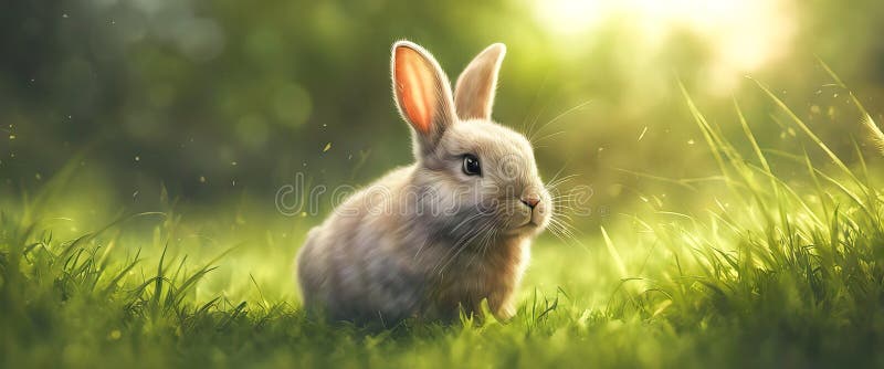 Little Rabbit Sits on the Lawn. Dwarf Rabbit at Sunset Sun Stock ...