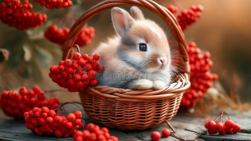 Little Rabbit Sitting in a Basket with Rowan Berries Stock Photo ...