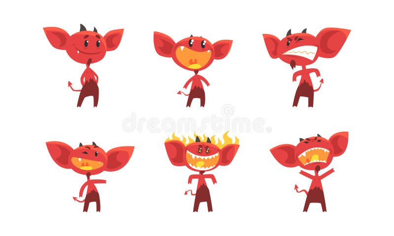 Little Red Devil or Demon As Evil Character with Fangs, Tail and Horns ...