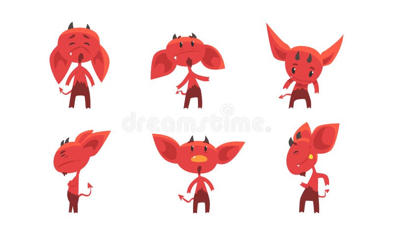 Little Red Devil or Demon As Evil Character with Fangs, Tail and Horns ...