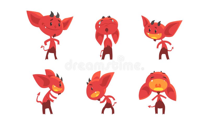 Little Red Devil or Demon As Evil Character with Fangs, Tail and Horns ...