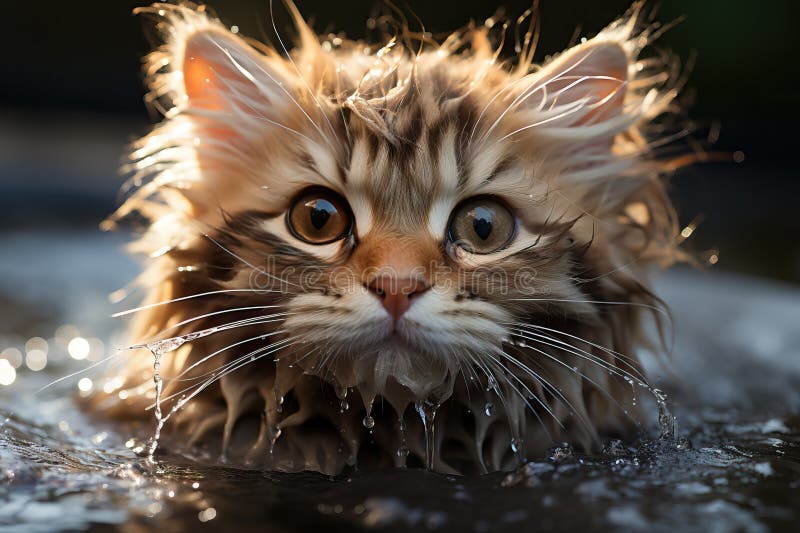 Little Red Fluffy Pet Cat in the Water. Stock Photo - Image of swimming ...
