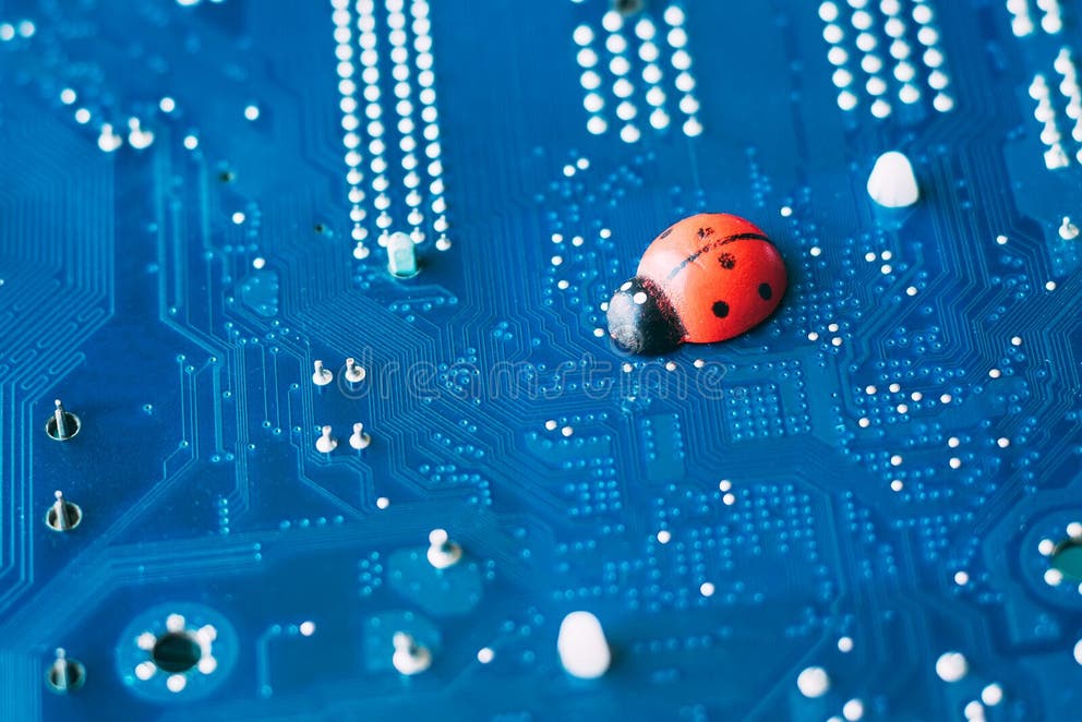 Little Red Ladybug on a Blue Motherboard. Concept of Computer Virus or ...