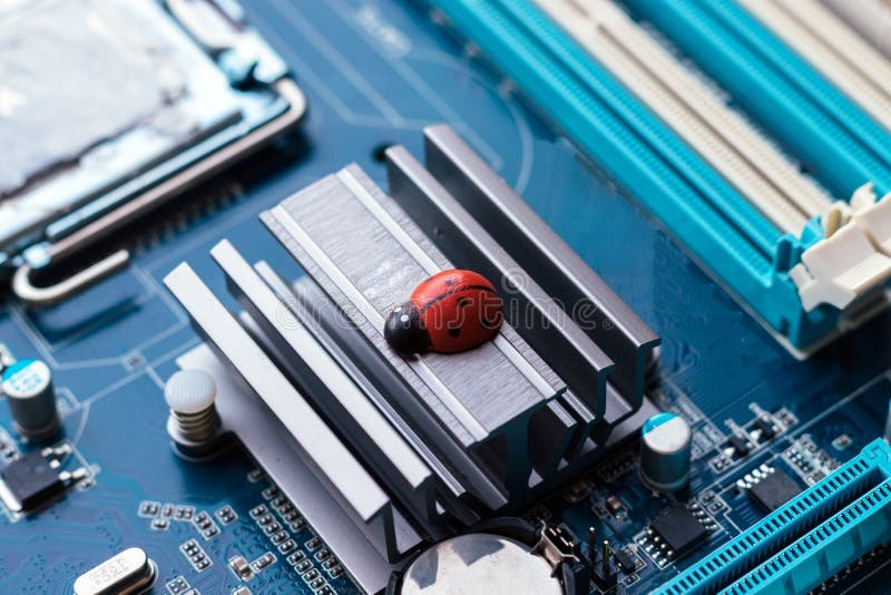 Little Red Ladybug on a Blue Motherboard. Concept of Computer Virus or ...
