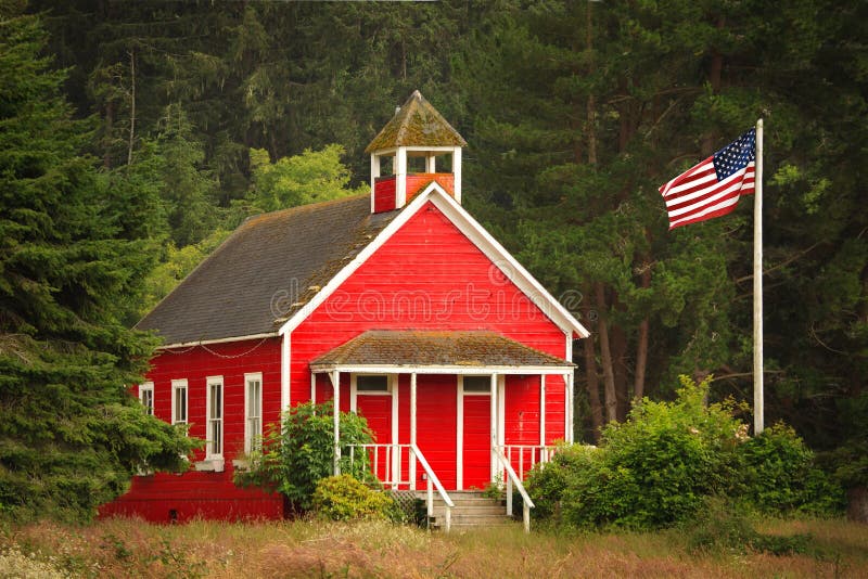 Little Red Schoolhouse With Flag Stock Photo - Image of american ...