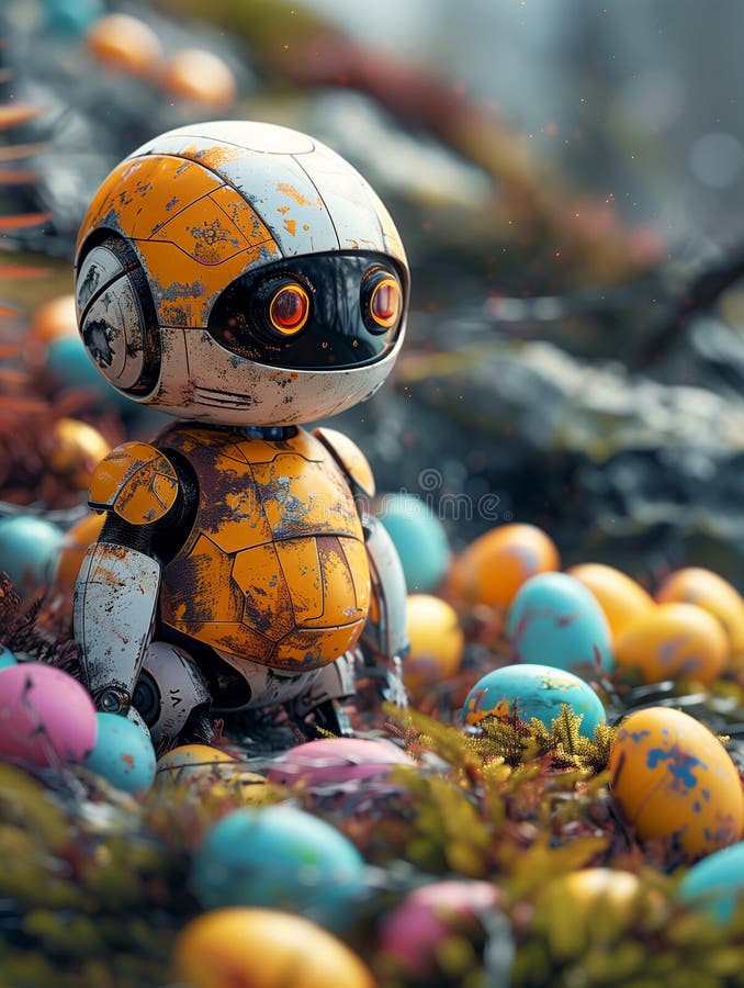 Little Robot with Easter Eggs in the Forest Stock Illustration ...