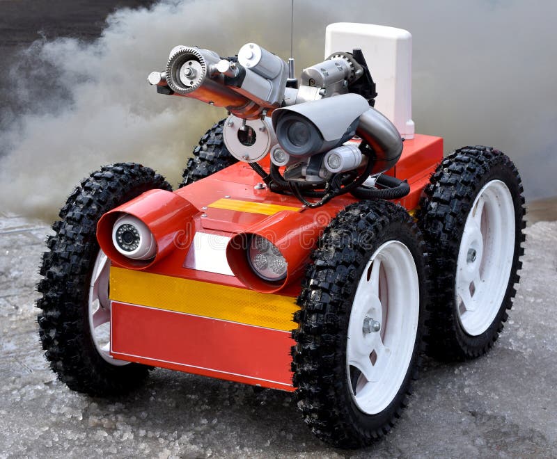 Little Robot Fireman on Smoke Background Stock Image - Image of ...