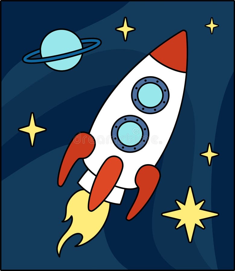 Little Rocket in Space. Space Rocket with Turbine and Fire Stock Vector ...