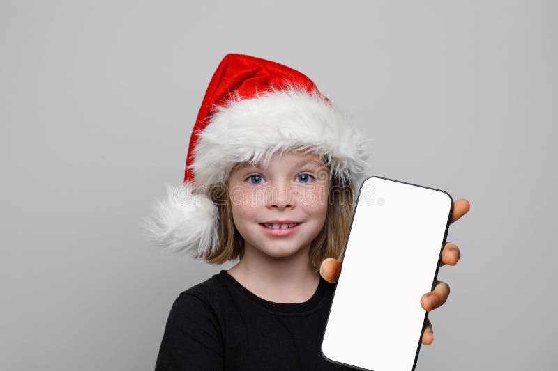 Little Santa Christmas Kid Holding Smartphone with Blank Empty White ...