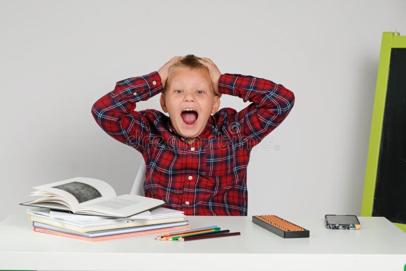 Little School Boy Feeling Panic Frustrated Screaming Doing School ...