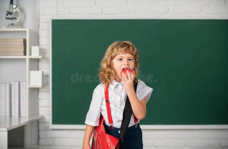 Little School Boy Student Eating Apple Learning in Class, Study English ...
