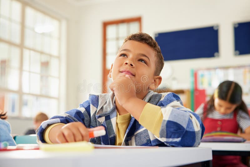 Little School Boy Thinking in Classroom Stock Image - Image of imagine ...