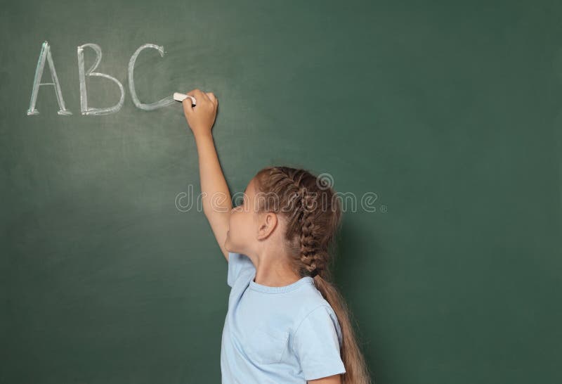 Little School Child Writing with Chalk Stock Photo - Image of ...