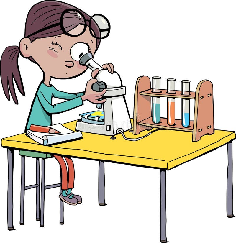 Girl with a Microscope is Doing an Experiment and Writing Down the ...