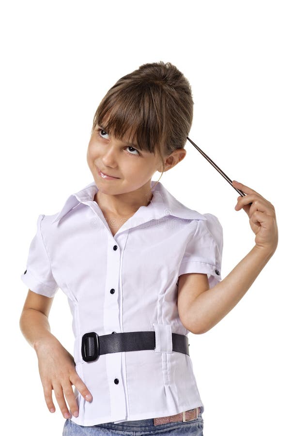 Little School Girl in Uniform Stock Image - Image of looking, homework ...