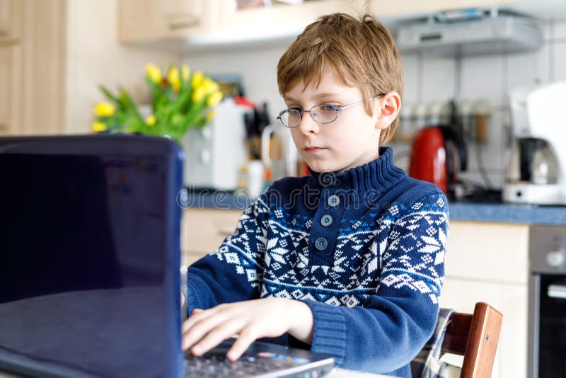 Little School Kid Boy with Glasses Making Preschool Homework on ...