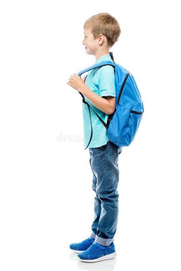 Portrait of a Schoolboy with a Backpack Side View on a White Background ...
