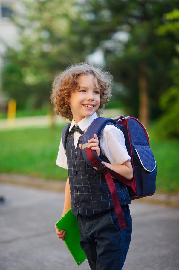 Little Schoolboy Standing School Yard Smiles Stock Photos - Free ...