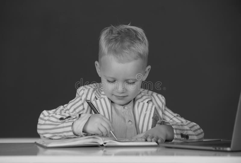 Little Schoolboy Study in a Classroom at Elementary School. Kid Writing ...