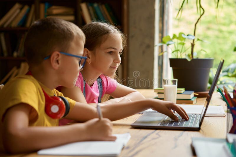 Brother and Sister Schoolchildren Studying at Home Together Stock Image ...