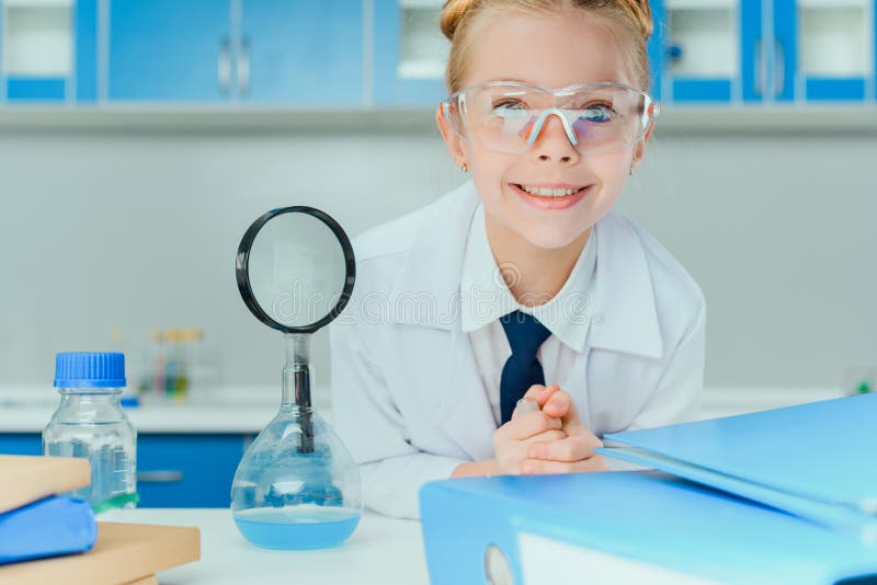Little Scientist in Protective Eyeglasses Smiling at Camera Stock Image ...