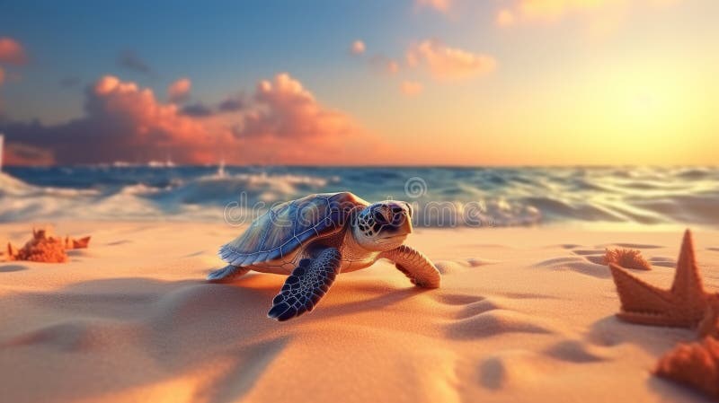 Little Sea Turtle on the Sandy Beach in Morning Time Stock Image ...