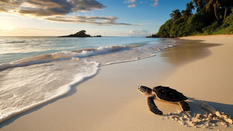 Little Sea Turtle on the Sandy Beach, Tropical Beach Landscape Stock ...