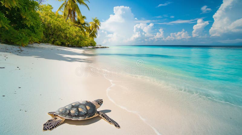 Little Sea Turtle on the Sandy Beach, Tropical Beach Landscape Stock ...