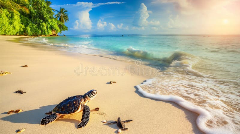 Little Sea Turtle on the Sandy Beach, Tropical Beach Landscape Stock ...
