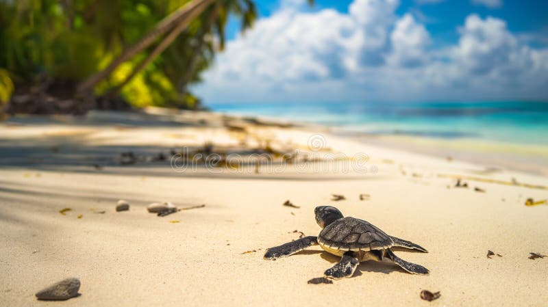 Little Sea Turtle on the Sandy Beach, Tropical Beach Landscape Stock ...