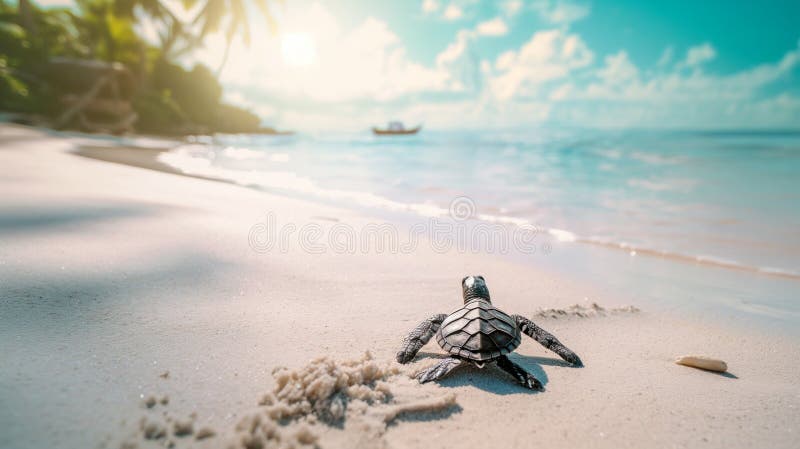 Little Sea Turtle on the Sandy Beach, Tropical Beach Landscape Stock ...
